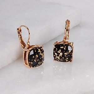 Square Earrings for Women - Leverback Earrings, Sparkle Earrings, Gold-Tone Glitter Earrings, Lever Backed Earrings for Women, Womens Earrings, Black and Gold Earrings, Drop Earrings for Women Dangle
