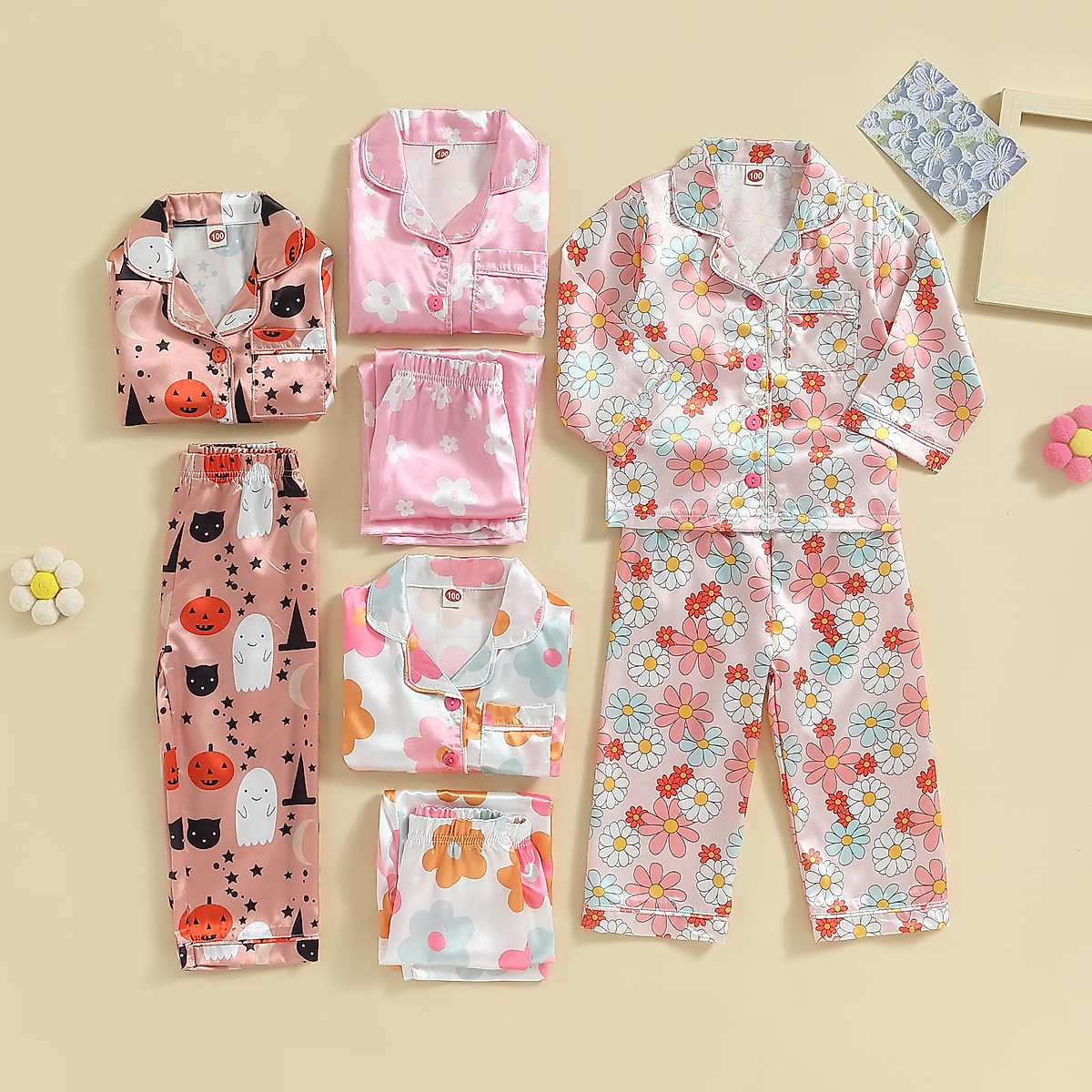 One opening 1-5T Toddler Baby Girls Silk Pajamas Set Floral Long Sleeve Button Down Shirt Tops Pants Toddler Boys Pjs Sleepwear (Daisy, 12-18 Months)