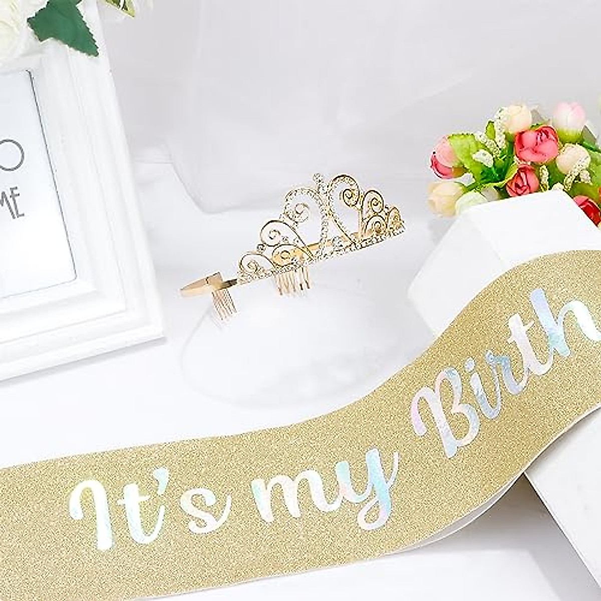 BAHABY Birthday Crown for Women It's My Birthday Sash & Rhinestone Tiara Set Birthday Sash and Tiara for Women Rhinestone Headband for Girl Glitter Crystal Hair Accessories for Party- Gold