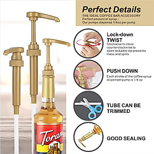 Kinfira 6 Pcs Coffee Syrup Pump Dispenser - Premium Skinny Syrup Pumps Fit for 25.4oz Torani Davinci Syrup Bottles (Gold)