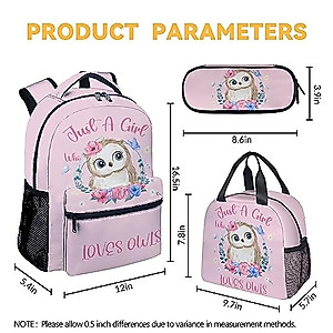 UNIKITTY Owl Backpack with LunchBox, Set of 3 School Backpacks Matching Combo, Cute Pink Bookbag and Pencil Case Bundle