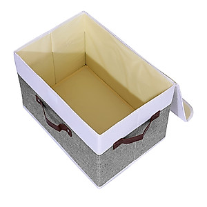 LaMorée Fabric Storage Bin with Lid Faux Leather Handle Foldable Cotton Linen Storage Basket Rectangular Cube Box Decorative Lidded Home Office Laundry Closet Organizer – Gray and White, Large