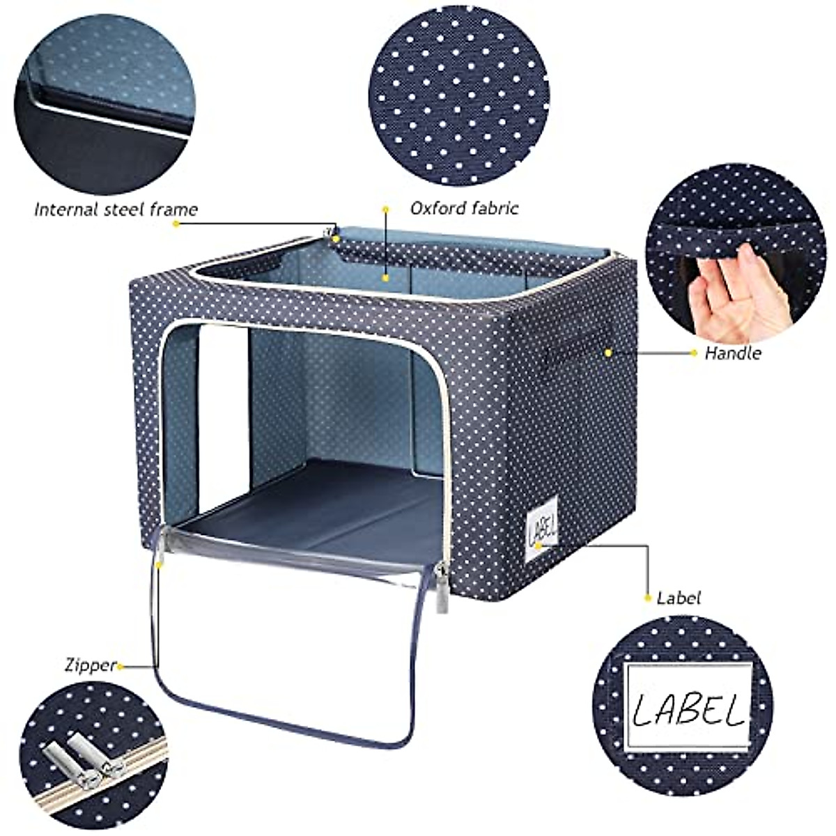3 Pack Clothes Storage Organizer Bins - Foldable Metal Frame Storage Bins Stackable Oxford Cloth Fabric Container Organizer Set with Carrying Handles and Clear Window (Medium-36L, Navy Blue)