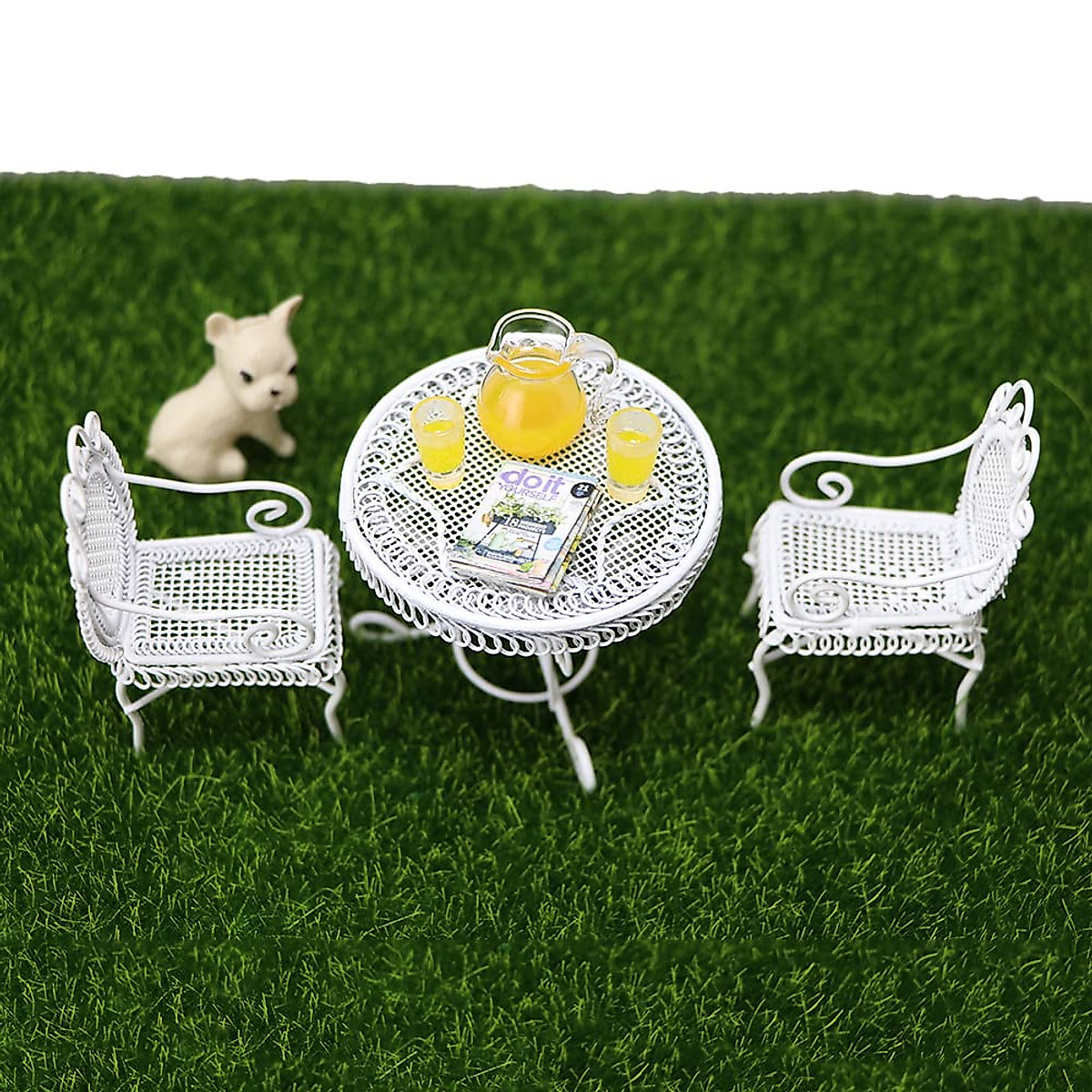 Dollhouse Miniature Bistro Table & Chairs Set Accessories Metal 1:12 Scale Miniatures White Coffee/Tea Furniture Fairy Garden Cute Rustic Elegant Decorations Ornaments (A)