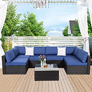 kinbor Patio Furniture - Outdoor Sectional Sofa, 7 Piece Wicker Outdoor Couch Rattan Conversation Set with Thickened Cushions and Glass Coffee Table