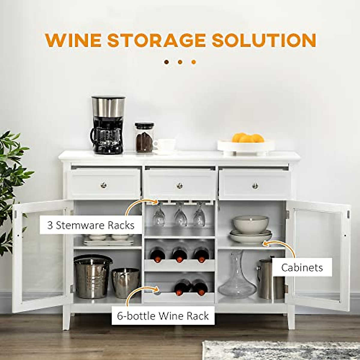 HOMCOM Coffee Bar Cabinet with 3 Drawers, 6-Bottle Wine Rack, Stemware Racks, Glass Door, Sideboard Buffet Cabinet, Wine Cabinet, White