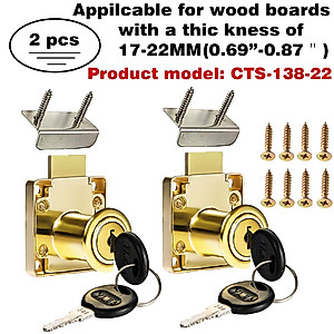Cabinet Drawer Lock,Mailbox Lock, Model CT-138-22,for Fixing Important Documents and Drawers ((Hole Diameter 0.75inch/19MM), Suitable for Door Panels with A Thickness of 17 mm-22 mm. 2 PCS 【Golden】