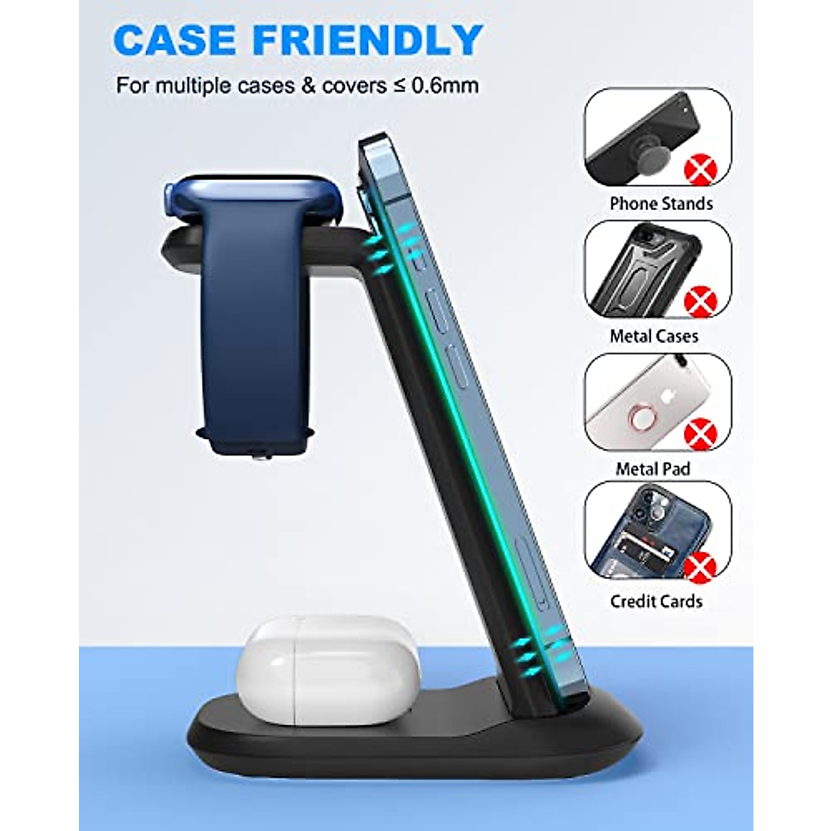 Wireless Charging Station,3 in 1 Fast Charger Stand Compatible with iPhone 14/13/12/11 Pro Max/X/Xs Max/8/8 Plus, iWatch Series ultra/8/7/6/5/SE/4/3/2, AirPods 3/2/pro/pro 2