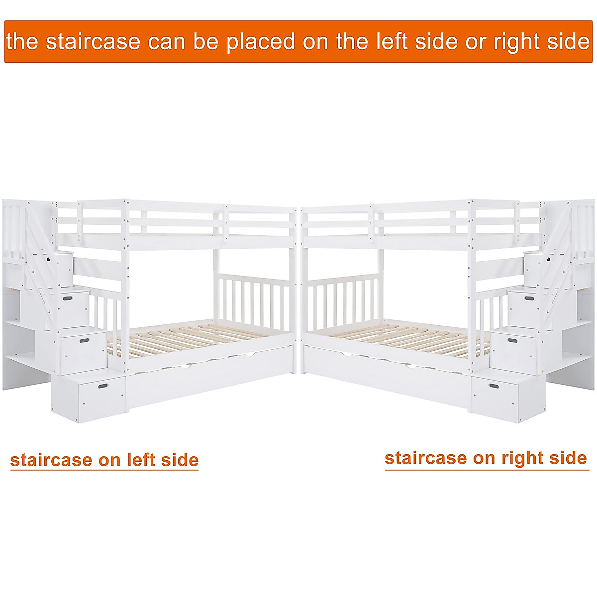 Harper & Bright Designs Stairway Twin Over Twin/Full Bunk Bed with Twin Size Trundle and Drawers, Solid Wood Bunk Bed Staircase Can be Placed on The Left or Right Side (White)
