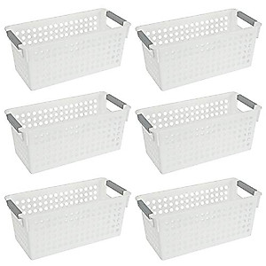 Bekith 6 Pack Plastic Storage Basket, Slim White Organizer Tote Bin Shelf Baskets for Closet Organization, De-Clutter, Accessories, Toys, Cleaning Products