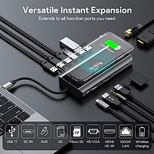 ikling USB C Hub, 15-in-1 USB C Docking Station to HDMI, VGA, Wireless Charger, Gigabit Ethernet, 3 USB 3.0, SD/TF Card Reader, USB C to 3.5mm