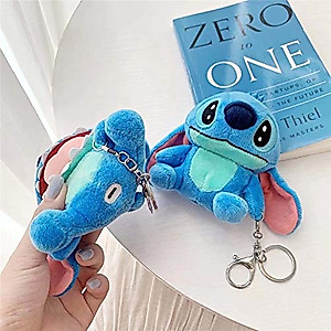 AirPods Case Soft TPU Fluffy Plush Blue Stitch Cover with Keychain Hook for Apple AirPods1 AirPods2 1 2 1st 2nd Generation 3D Cartoon Disney Disneyland Cute Lovely Warm Christmas Kids Girls