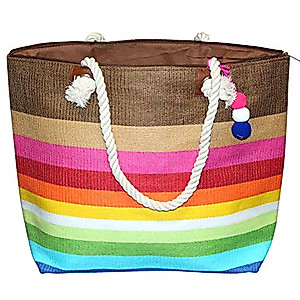 PIER 17 Women's Beach Bags | Extra Large Striped Straw Shoulder Tote with Rope Handle Zipper Closure Inner Pockets