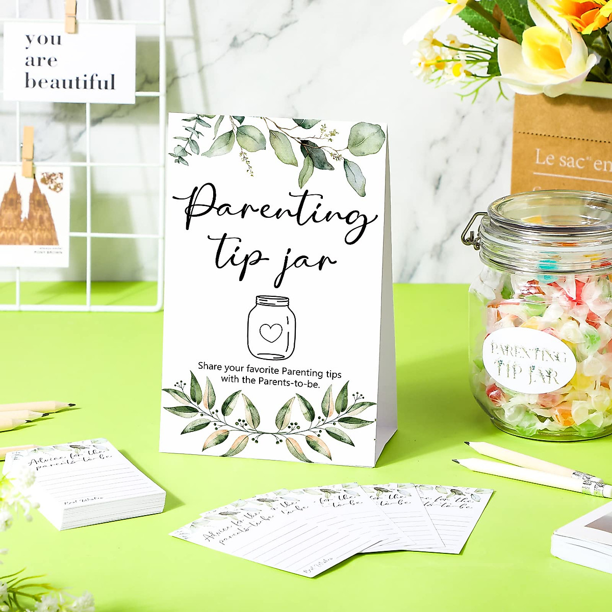 Roowest Baby Shower Advice Cards for New Parents to Be - Tip Jar Sign for New Parents 60 Parenting Advice Cards 10 HB Pencils 2 Cute Stickers 1 Pet Bottle for Guests Games(Leaf)