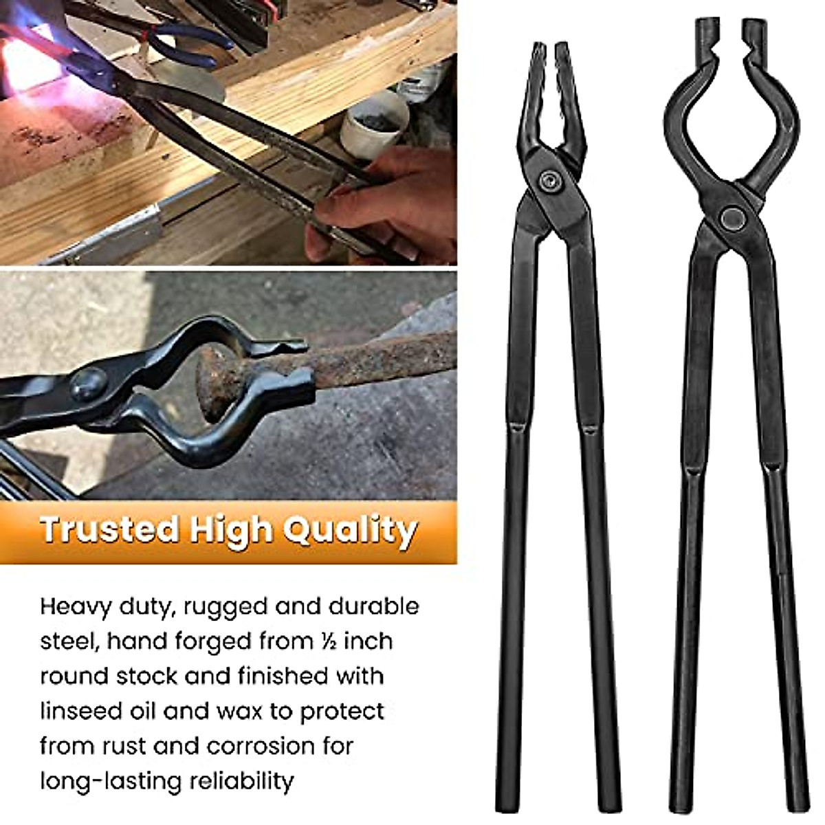 Blacksmith Tongs+Hammer Set Knife Making Tongs Wolf Jaw V-Bit Tongs Starter Beginner Bladesmith Metalworking Forge Anvil Vise Tool 0000811-1000 (3 PCS)