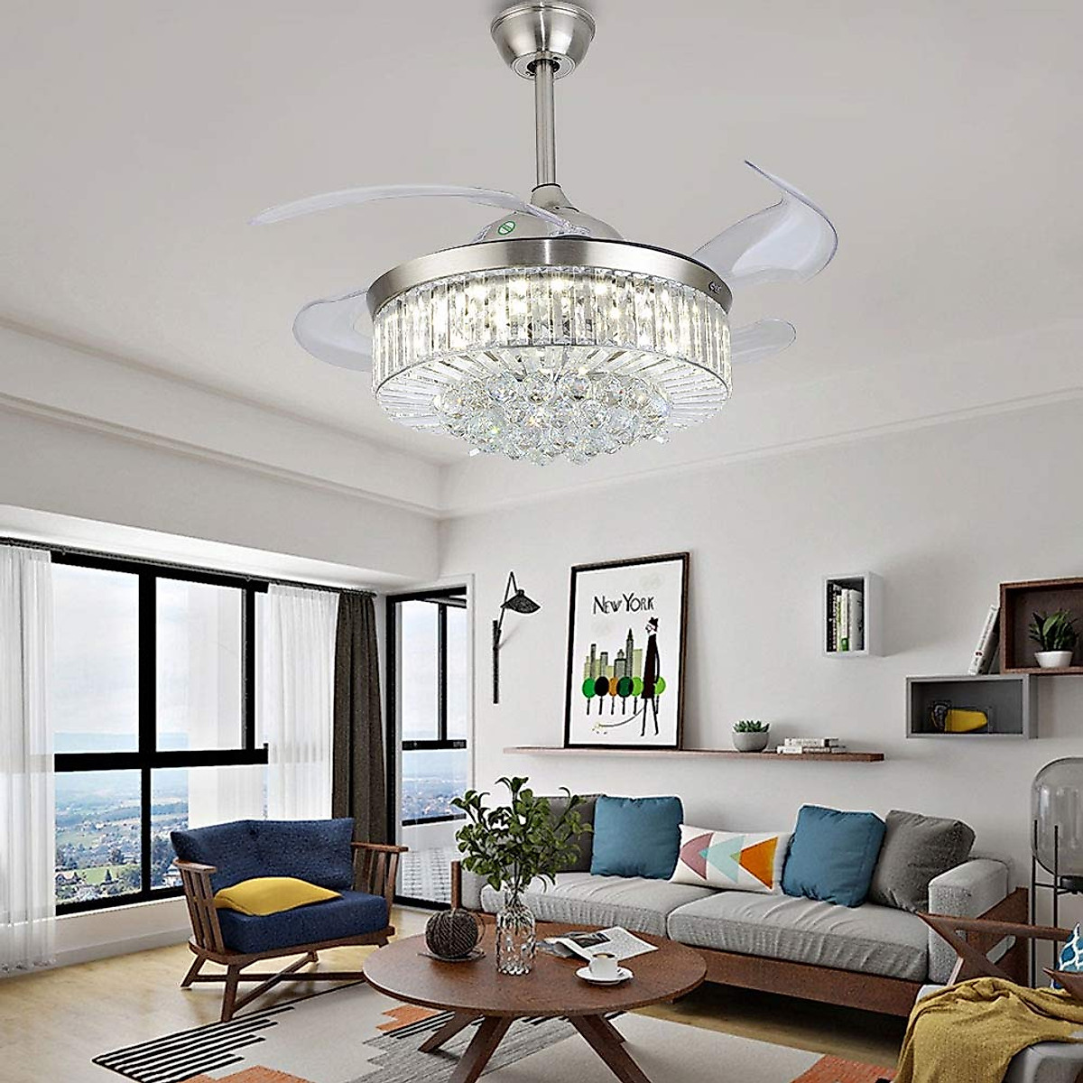 Gdrasuya10 Crystal Ceiling Fan Dimmable Chandelier with Lights and Remote Modern Invisible Retractable LED Fan for Living Room Bedroom Basement Kitchen Garage Decorations -Polished Chrome 42 Inches