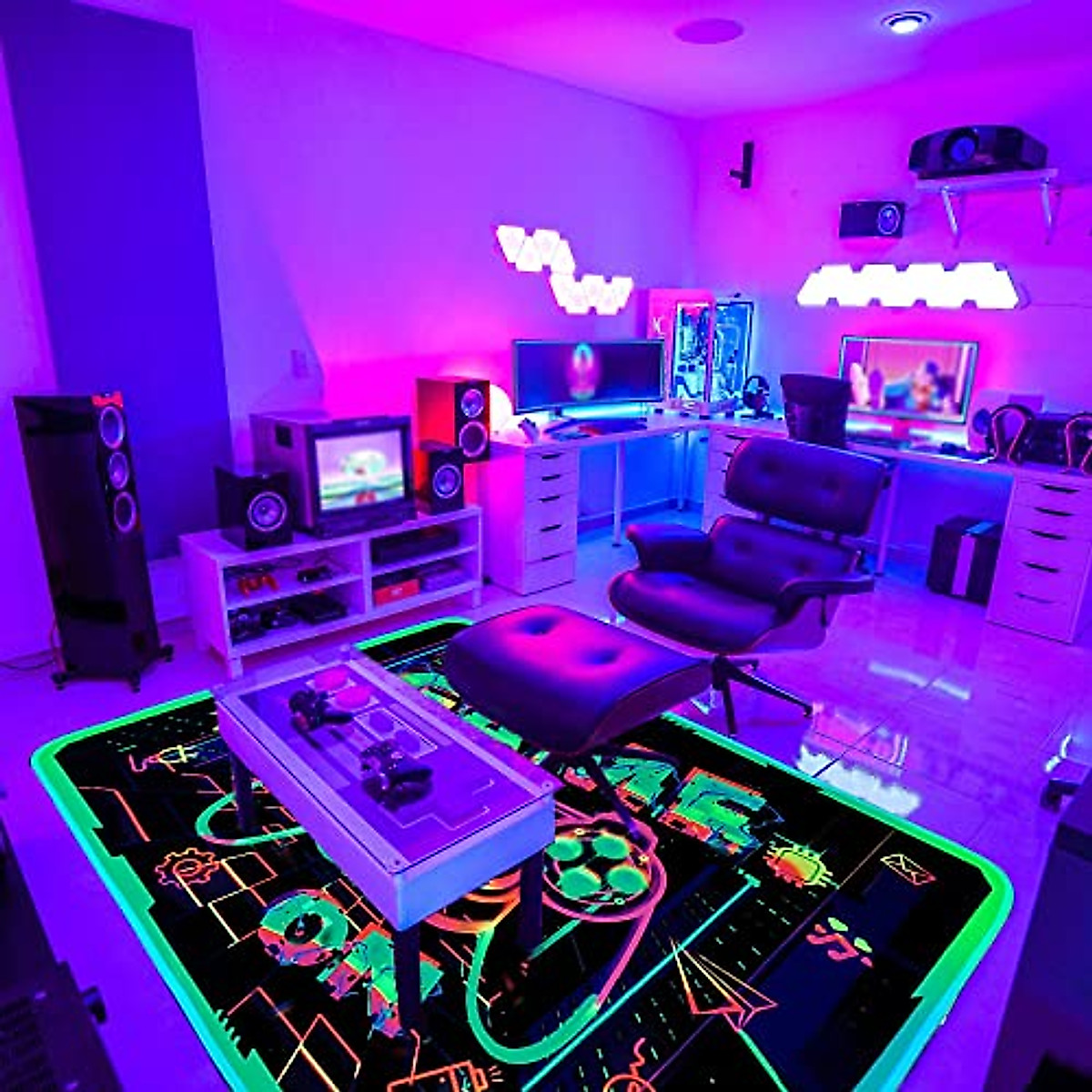 KMkicme Gaming Area Rug Blacklight for Bedroom Game Printed Carpet UV Reactive Glow in The Black Light Area Rug Playroom Large Non-Slip Area Rug Kids Boys Girls Game Room Casual Mat 60x39 Inch