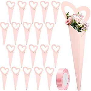 Thenshop 20 Pcs Single Flower Sleeve Love Heart Floral Bouquet Bags Paper Flower Bag Pink Gift Florist Box with Ribbons for Packaging Wrapping Single Rose Flower