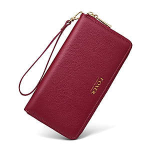 FOXLOVER Leather Zip Around Wallets for Women, Genuine Leather RFID Blocking Gift Box Packing 17 Card Slots Ladies Long Purses with Zipper Coin Pocket Women's Clutch Wallets with Wristband (Blue)