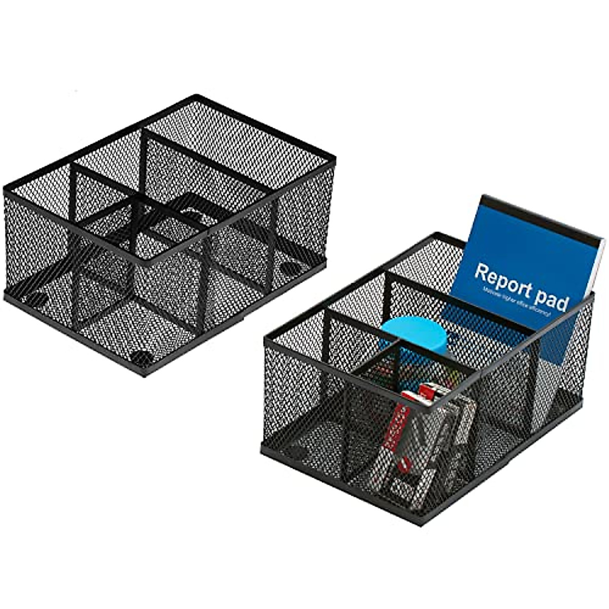 MyGift Modern Black Metal Mesh Desk Office Supplies Organizer Caddy with 4 Storage Compartments, Set of 2