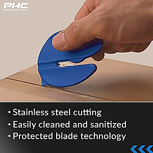 Pacific Handy Cutter BC347 Bag Cutter, Box of 12, Easily Cuts Plastic Bags, Plastic Wrap, Paper, and Tape, Safely-Concealed Stainless Steel Blade, Safe for Food Service, Blue
