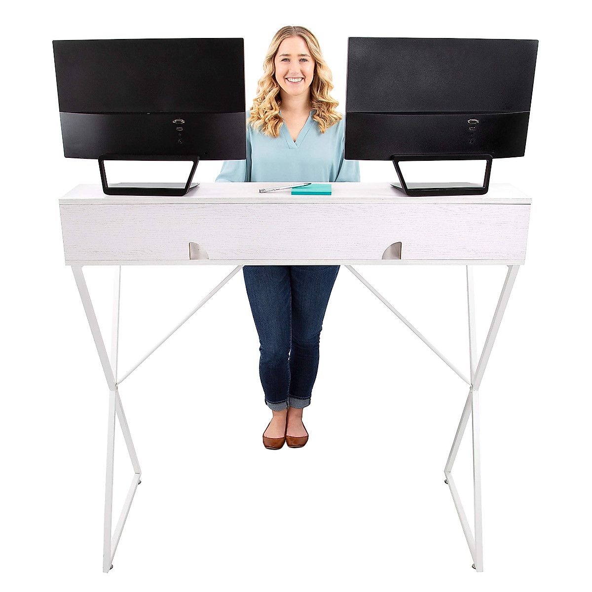 Stand Steady Joy Standing Desk | Pretty Standing Desk with Shelf & Built-in Storage Cubbies | Modern Stand Up Workstation | Tall Desk & Reception Table for Home, Dorm & Office (White / 48in x 42in)