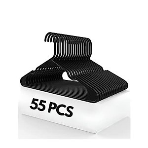 Plastic Luxury Hangers Black Black Velvet Non -Slip Clothes Hangers-Pack of 55 - Ultra Slim & Space Saving - Heavy Duty with 360 Degree Black Swivel Hook for Clothing, Suit, Top (Black Hangers)