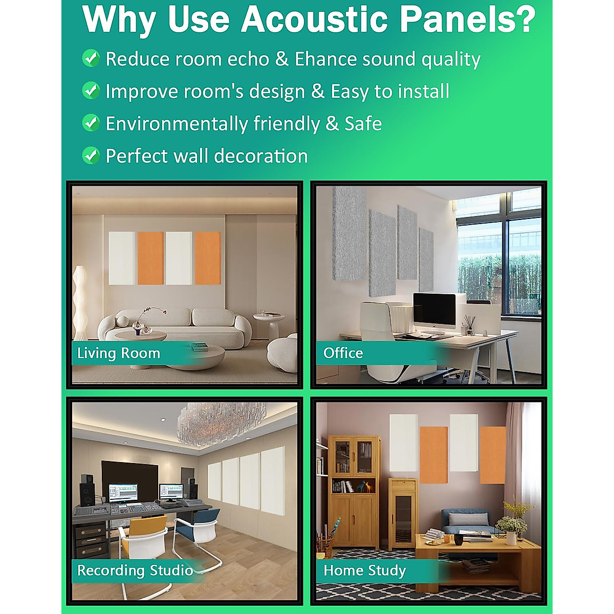 BUBOS Acoustic Panels,4 Pack 24''x12'' Fabric Wrapped Panel Soundproof Wall Panels,Self-adhesive Sound Absorbing Panels for Studios, Office, Home Theater,Beige