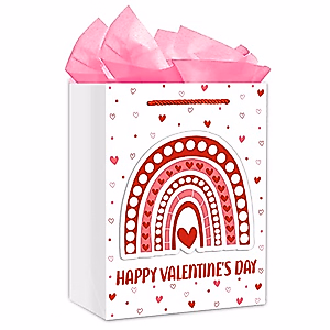 FaCraft Happy Valentines Day Gift Bag with Handle Large Rainbow Valentines Gift Bag with Tissue Paper,Love Heart Romantic Valentines Gift Bags for Her Him Men Girlfriend Boyfriend Husband Wife