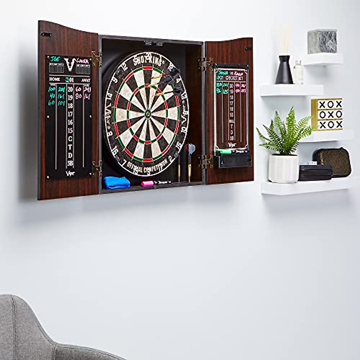 Viper by GLD Products Vault Deluxe Dartboard Cabinet with Shot King Sisal Dartboard and Illumiscore Scoreboard, Wood