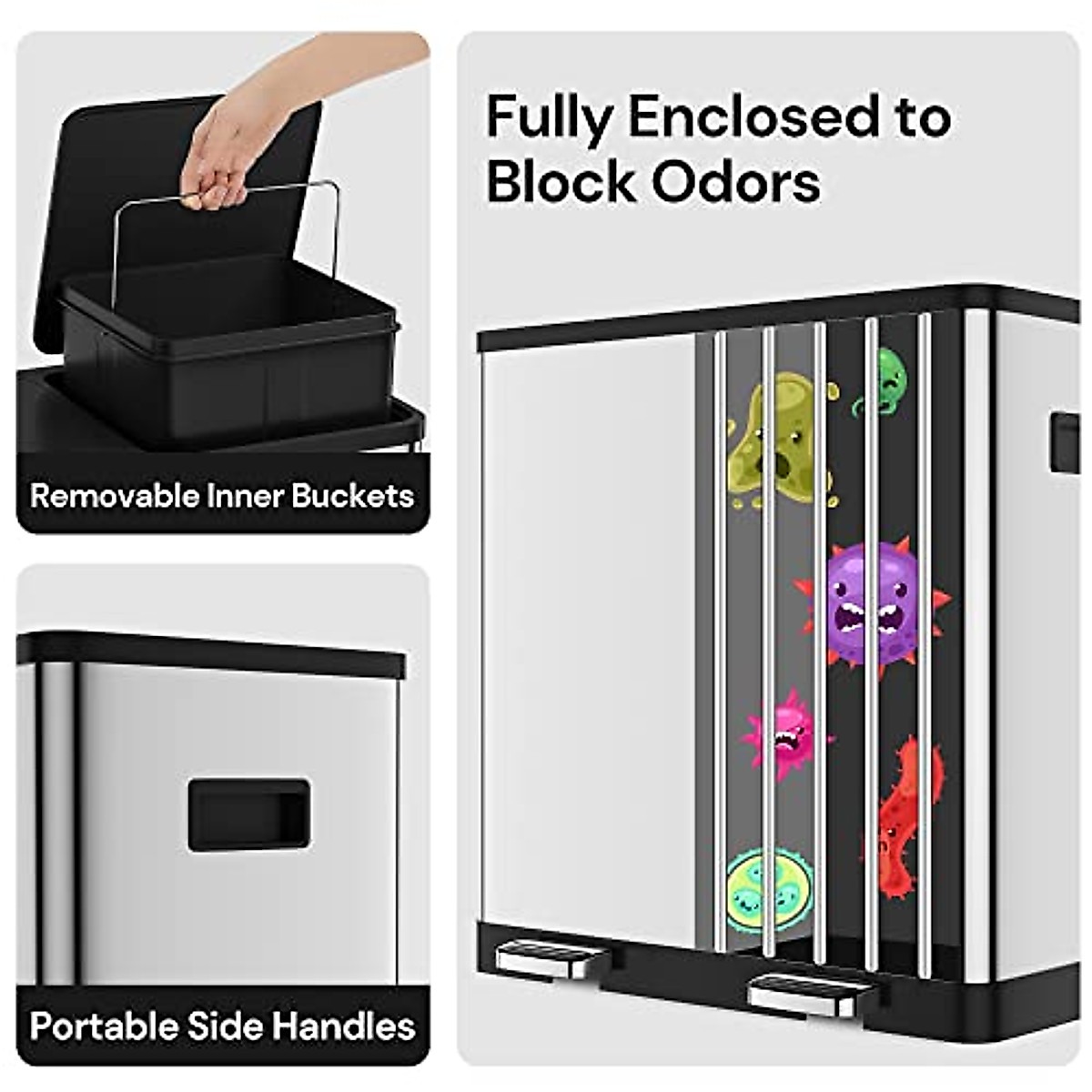 SunsGrove Trash Can 60L/16 Gallon Dual Trash Bin Recycle Bin with Dual Compartments Stainless Steel Step Garbage Can with Soft-Close Lid & Foot Pedals Recycling Bin for Kitchen/Office