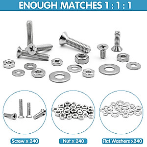 720Pcs Nuts and Bolts Assortment Kit, Machine Screws,SATANTECH #6-32#8-32#10-24#1/4-20 Stainless Steel Screws Set, Phillips Flat Head 16 SAE Sizes Assorted Nuts Bolts Washers with Labeled Case