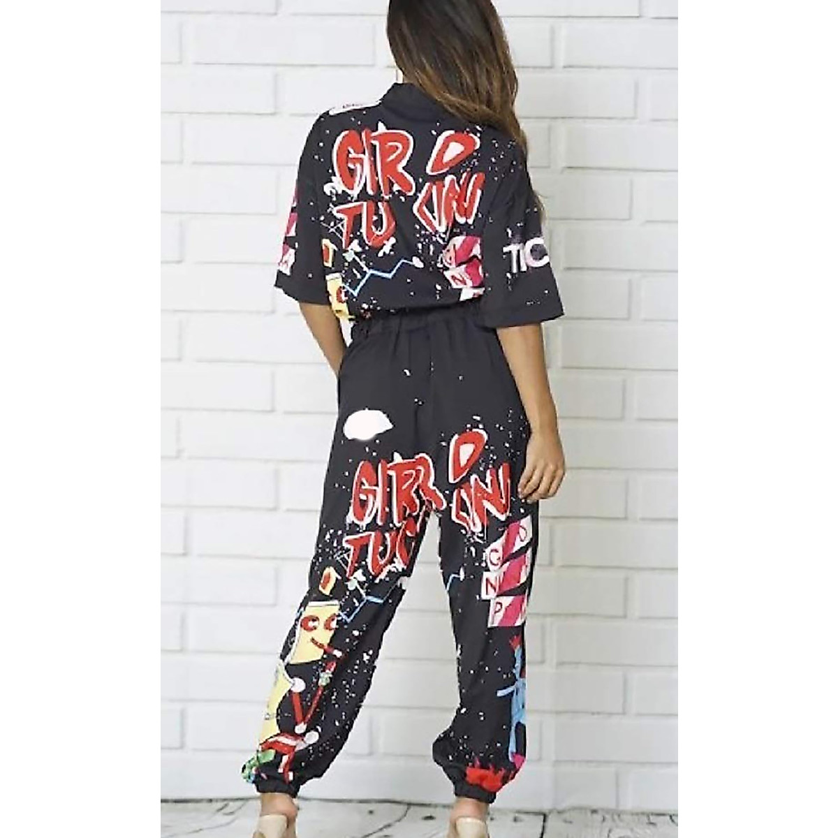 LKOUS Women's Casual Cartoon Printing Short Sleeve High Waist One-piece Button PlaySuit JumpSuit Romper, Black, XX-Large