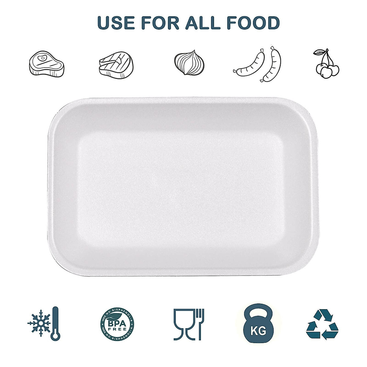RIKICACA White Styrofoam Meat Trays (25pcs/Pack - 7.87" x 5.11" x 0.9") with White Meat Absorbent Pad, Disposable Small Foam Meat Trays for Food.