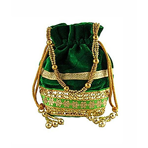 Women's Velvet Potli Bag with Beadwork Drawstrings And Lace In Bottom Ethnic Potli Bag For Wedding Green By Indian Collectible