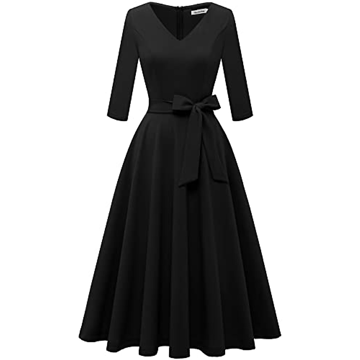 Black Vintage Cocktail Long Sleeve Prom Dress Midi Wedding Guest Formal Mother of Bride Dress Black XL