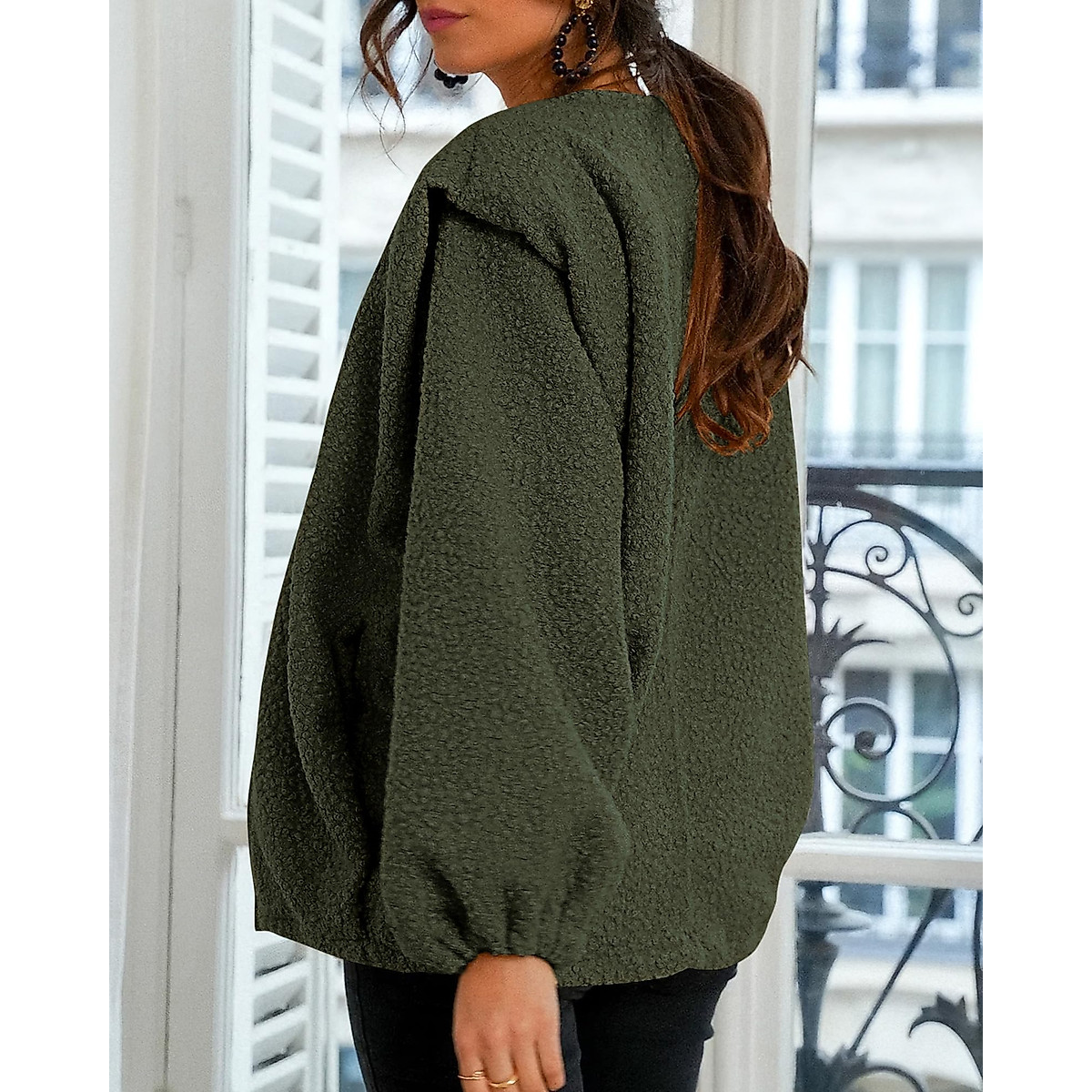 KIRUNDO Women's 2024 Fall Winter Sherpa Fleece Jacket Faux Wool Embedded Lantern Sleeve Casual Loose Outwear With Pockets(Army Green, Medium)