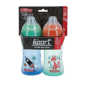Nuby 2 Pack No Spill Printed Thirsty Kids No-Spill Sip-it Sport Cup with Soft Spout and Lid - 12oz, 12+ Months,2 Count(Pack of 1),Print May Vary