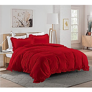 Xtream Fabric 1 Piece Frilled Duvet Cover with Corner Edge Ruffle Comforter Cover & 2 Pillowcase, 3 PCs Frilled Duvet Set Cotton 800 TC King/California King Size, Red