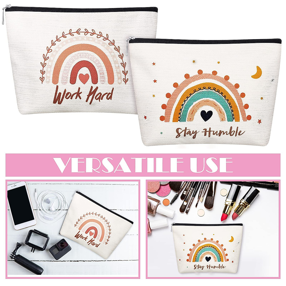 Chengu 6 Pcs Big Canvas Rainbow Heart Cosmetic Bags, 10 x 7.5 inch Inspirational Gifts for Women Motivational Quotes Makeup Bag for Women Girls Birthday Friend Teacher Graduation Gift (Boho)