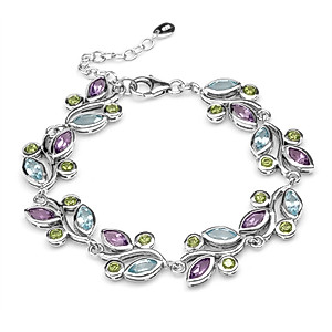 Silvershake Natural Peridot Amethyst and Blue Topaz 925 Sterling Silver Leaf 6.75 to 8.25 Inch Adjustable Bracelet