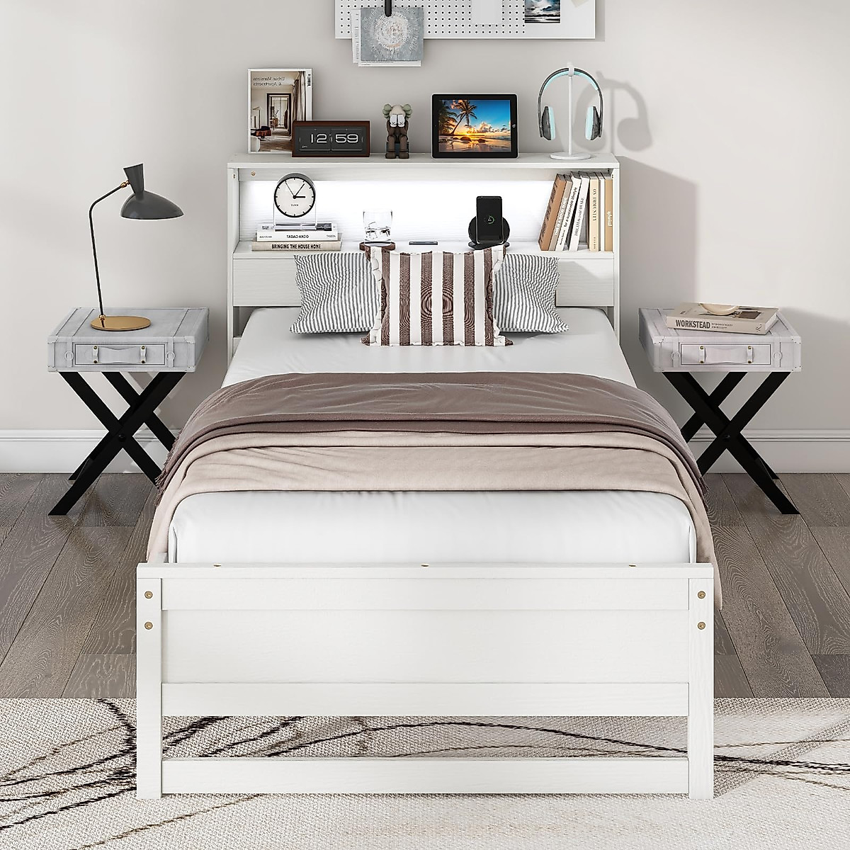 Giantex Twin Bed Frames with Storage Headboard, Wood Platform Bed with Charging Station & LED Light, Single Bed with Slats Support, Under-Bed Space, Twin Bed Frames for Kids Girls Boys (White)