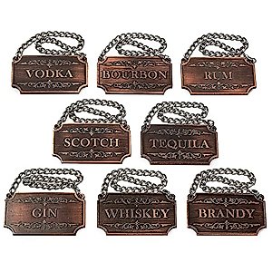 Decanter Tags Copper Set of 8 for Alcohol - The Wine Savant - Bottle - Whiskey, Scotch, Bourbon, Gin, Rum, Vodka, Tequila and Brandy, Fits All Bottles, Great Home Gift,Gifts for Dad…