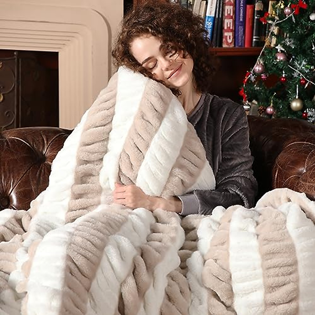 Cozy Bliss Luxury Soft Fuzzy Faux Fur Throw Blanket for Couch, Warm Milky Plush Striped Blanket for Sofa, Furry Thick Fluffy Cozy Shaggy Blanket for Women Living Room Bedroom, 50 * 70 Inches Beige