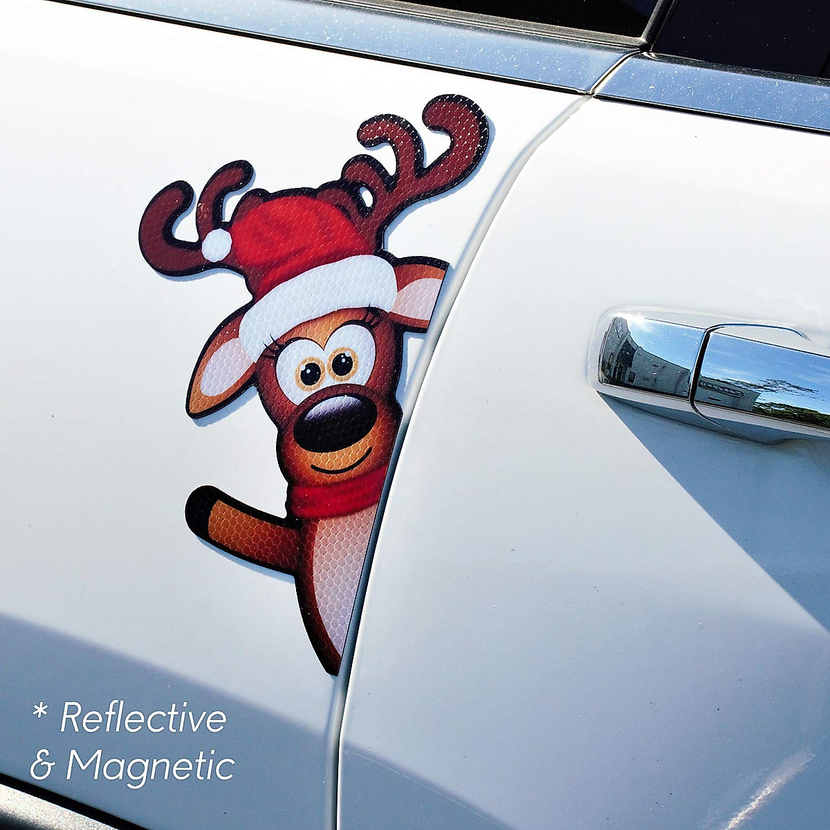 Bigtime Signs XL 4 Piece Reflective Magnetic Reindeer Car Kit - Funny Christmas Car Decorations + 2 Jingle Bells Magnets - Holiday Automotive Magnet (Waving Reindeer)