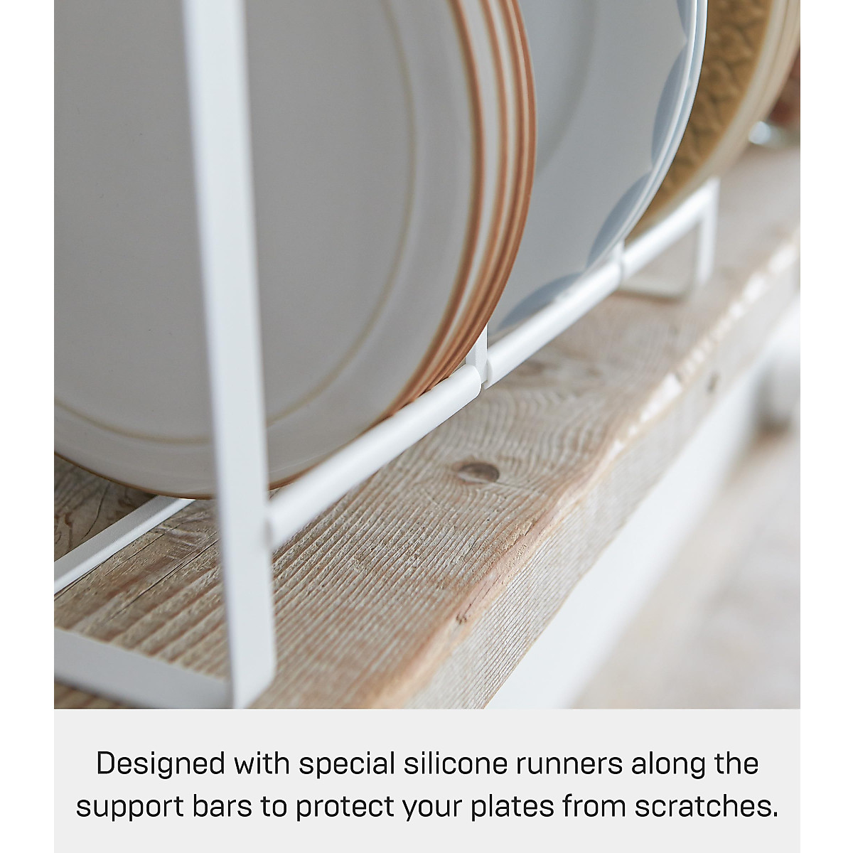 Yamazaki Plate Home Accented Storage Rack-Kitchen Holder Stand | Steel + Wood | Large | Dish Organizer, White