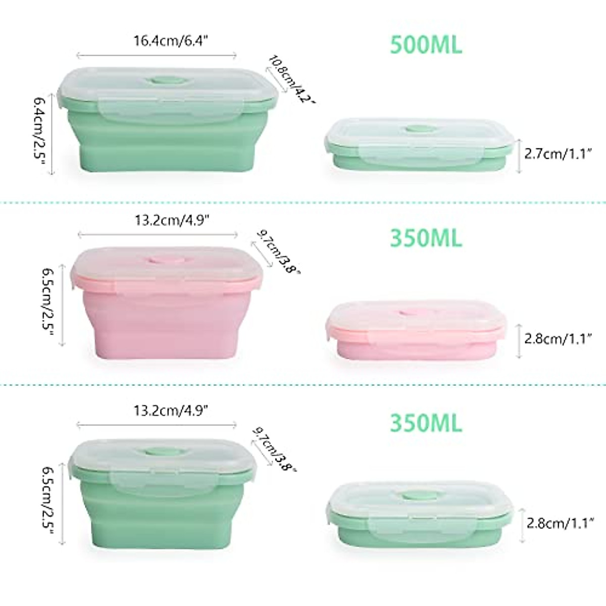 Wolecok Silicone Collapsible Food Storage Containers - Foldable Bento Lunch Boxes with BPA Free Airtight Plastic Lids,Set of 5 Pack