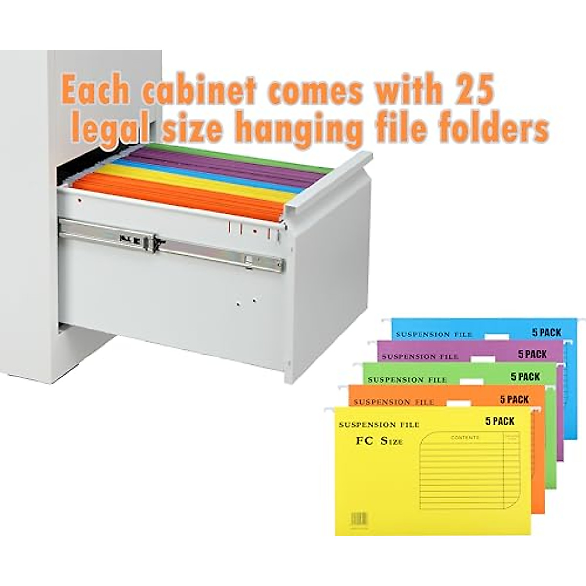 Finnhomy 3 Drawer Vertical File Cabinet with Lock, Metal Filing Cabinets for Home Office, Heavy Duty Storage Cabinet for Hanging Files A4/Letter/Legal with 25 Legal Size folders, Assembly Required