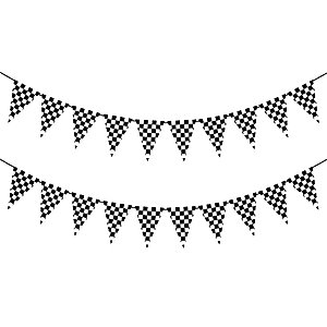 VILIFEVER 2 Pieces Black and White Checkered Flags Banner, Double Sided Checkered Pennant Banner for Racing Party Decorations Race Car Baby Shower Birthday Party Supplies