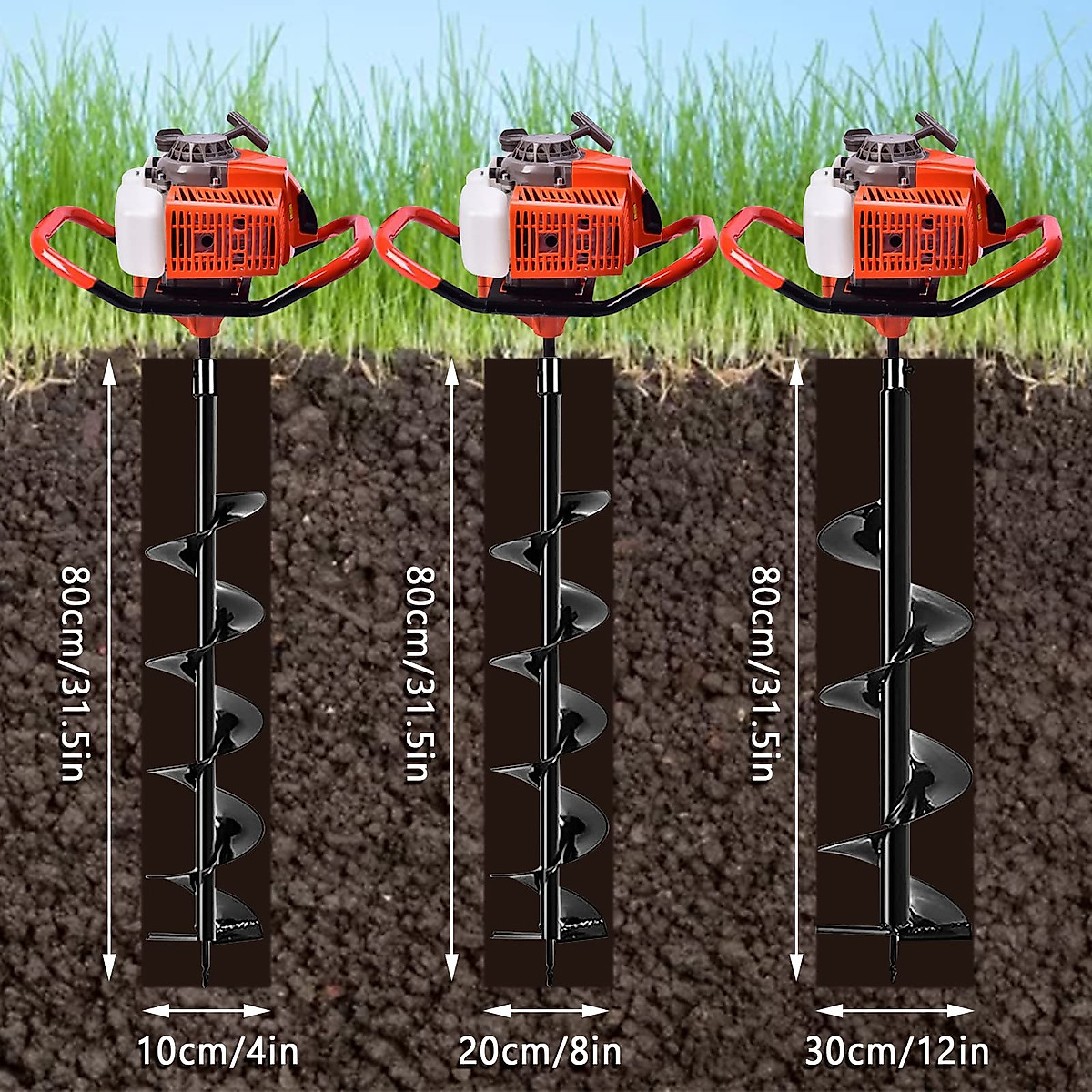 72cc Auger Post Hole Digger - wuyule 3KW 2 Stroke Gas Powered Post Hole Digger for Drill, Earthquake Auger Kit with 3 Extension Rods 3 Auger Bits(4" & 8" & 12")
